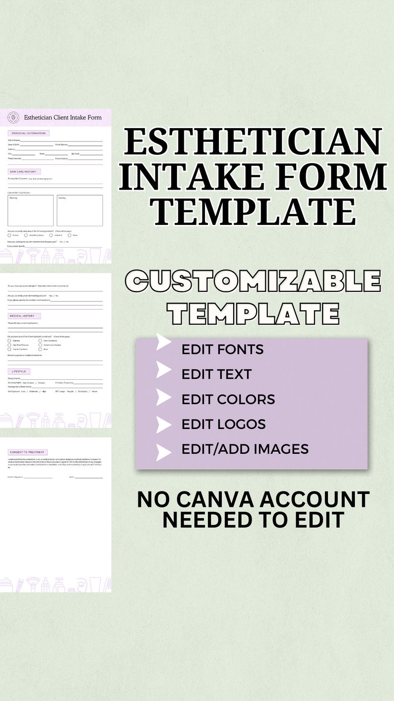 Esthetician Intake Form Template/editable Printable Esthetician Forms ...