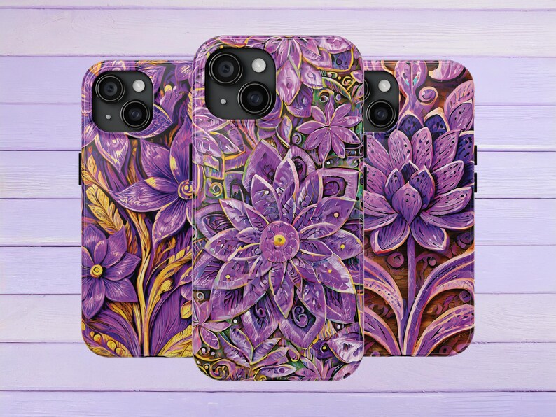 Purple Wildflower Wood Carving Style iPhone Case| iPhone 15 to X Models ...