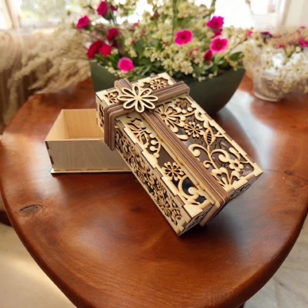 Laser Cut Flower Keepsake Box: Decorative Wood Jewelry & Memento ...