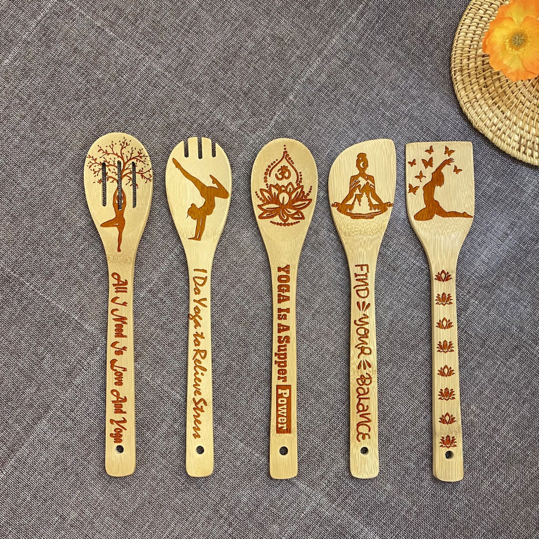 Yoga Engraved Bamboo Spoon Set, Personalized Laser-engraved 5-piece ...