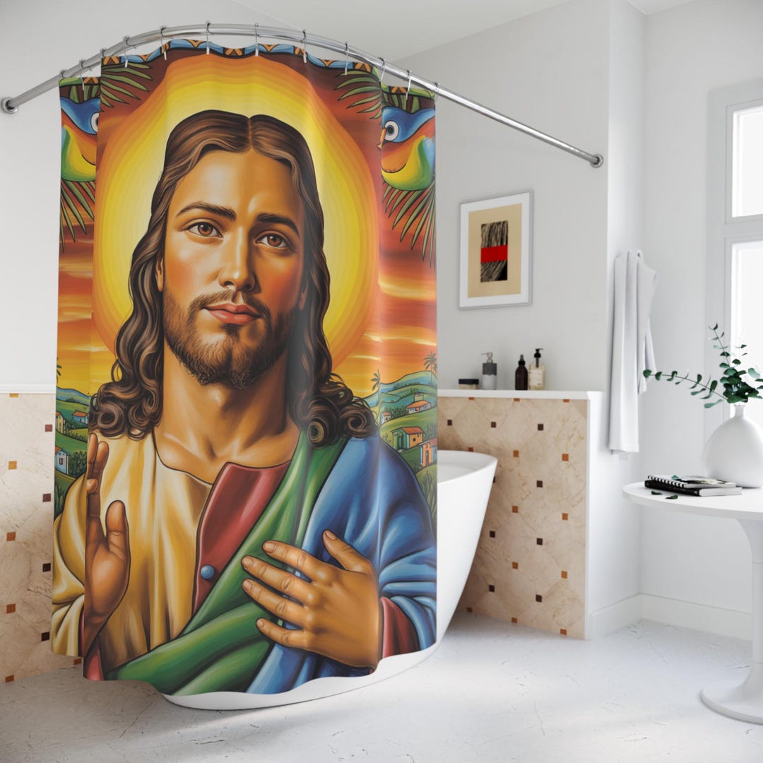 Sacred Jesus Portrait Shower Curtain | Religious Bathroom Decor - Etsy