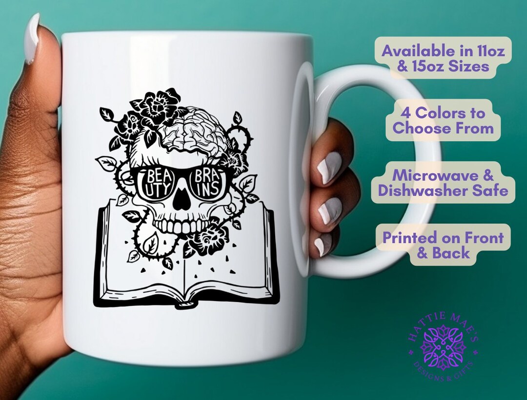 Floral Skull Book Design Mug, Inspirational Beauty Brains Quote Cup ...