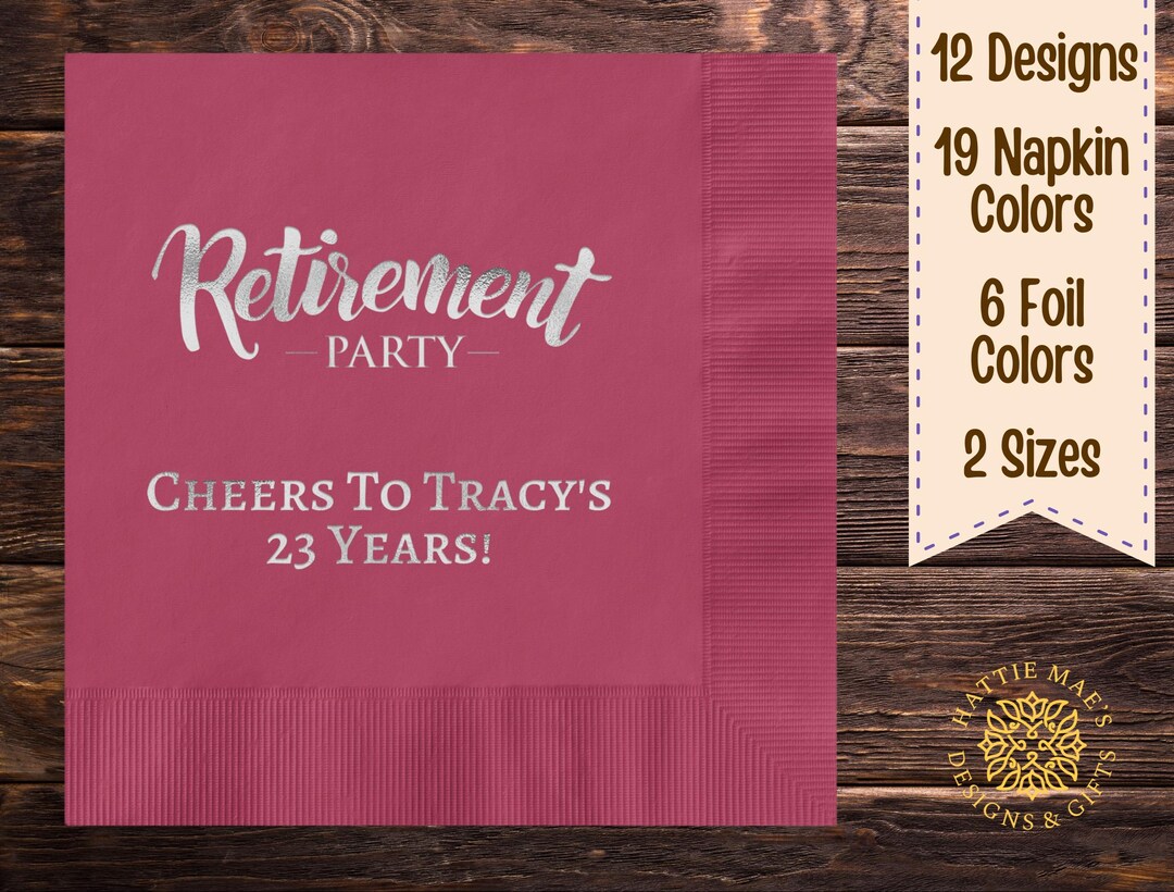 Happy Retirement Napkins, Custom Text Party Supplies, Foil Stamped ...