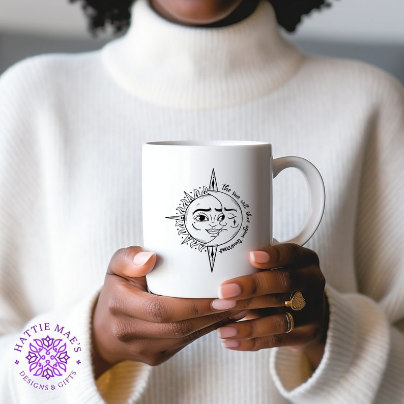 Celestial Sun and Moon Faces Mug, Artistic Line Drawing Coffee Cup ...