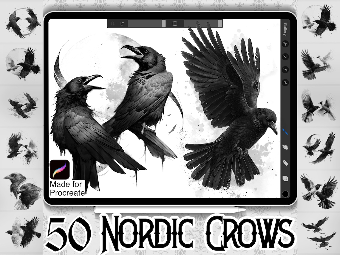 50 Nordic Crows Designs INSTANT DOWNLOAD Nordic Mythology Stamps Tattoo Brush Nordic Procreate ...