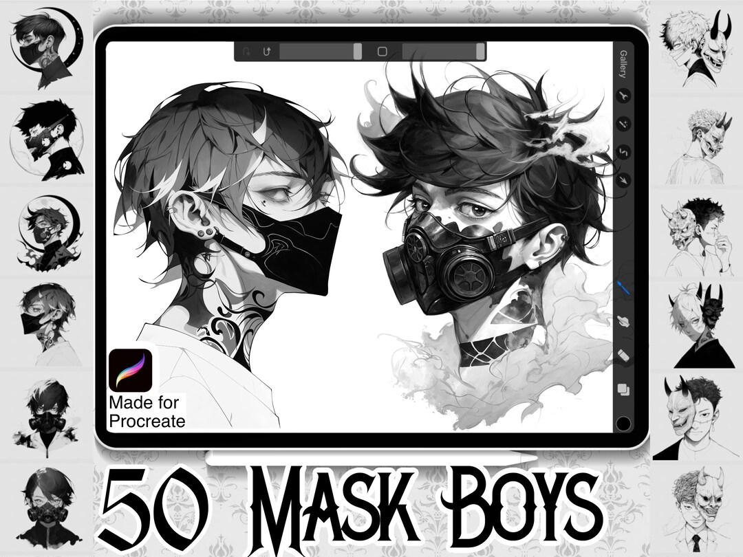 50 Mask Boy Designs INSTANT DOWNLOAD Anime Mask Boy Stamps Procreate ...