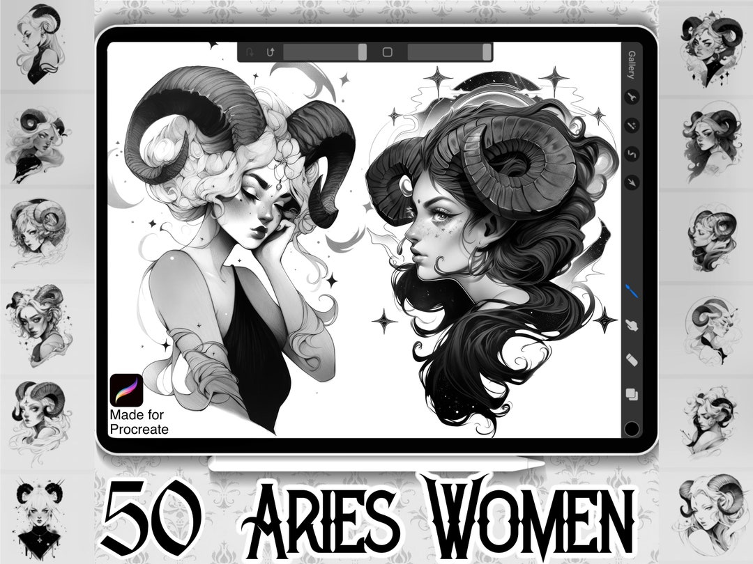 50 Aries Women Designs INSTANT DOWNLOAD Zodiac Sign Stamps Tattoo Brush ...
