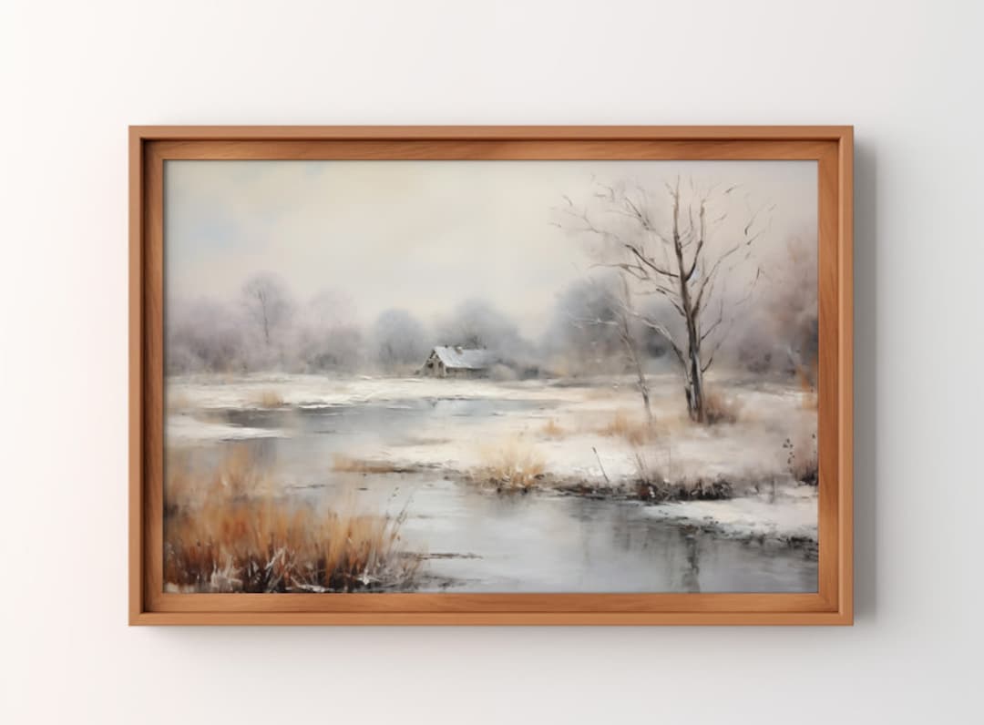 Printable Winter Pond Landscape, Pond Painting, Pond Art, Cabin Art ...