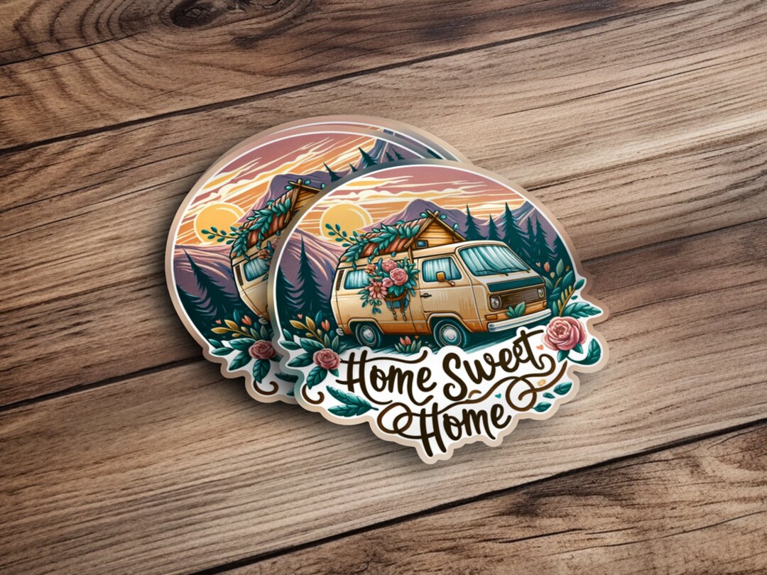 Vintage Camper Van Sticker, Home Sweet Home Decorative Decal, Nature ...