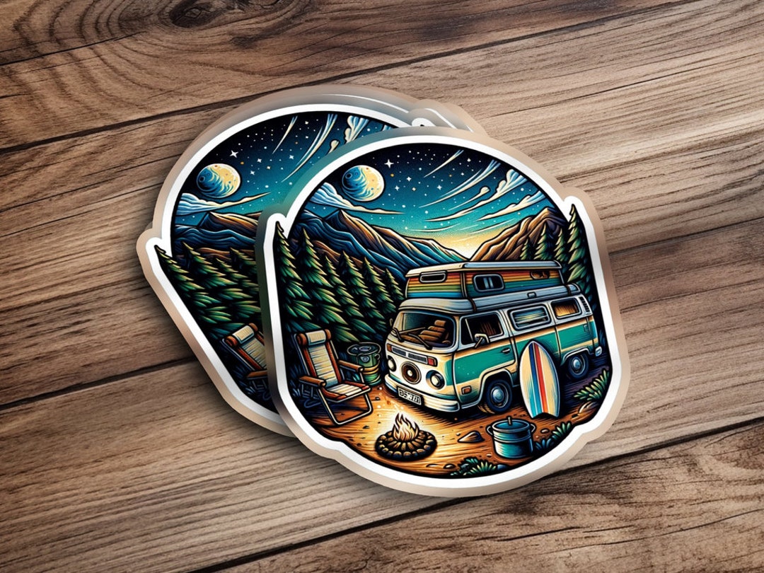 Vintage Camper Van Forest Night Scene Vinyl Sticker, Moonlit Mountain ...