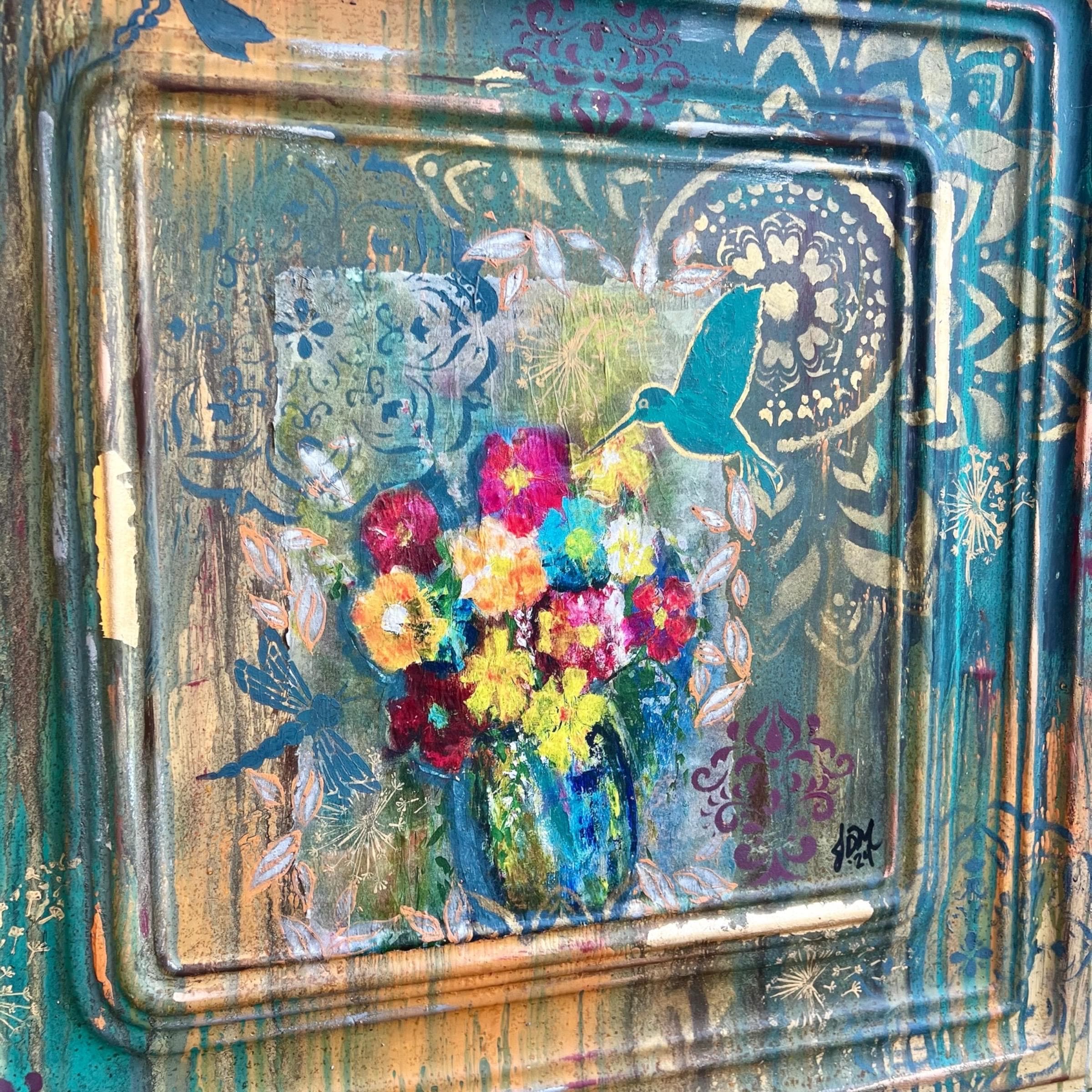 Hand Painted Antique Metal Ceiling Tile Wall Hanging for BOHO, Hippy ...