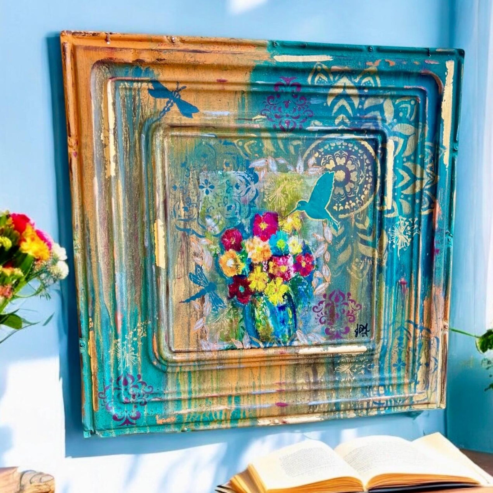 Hand Painted Antique Metal Ceiling Tile Wall Hanging for BOHO, Hippy ...