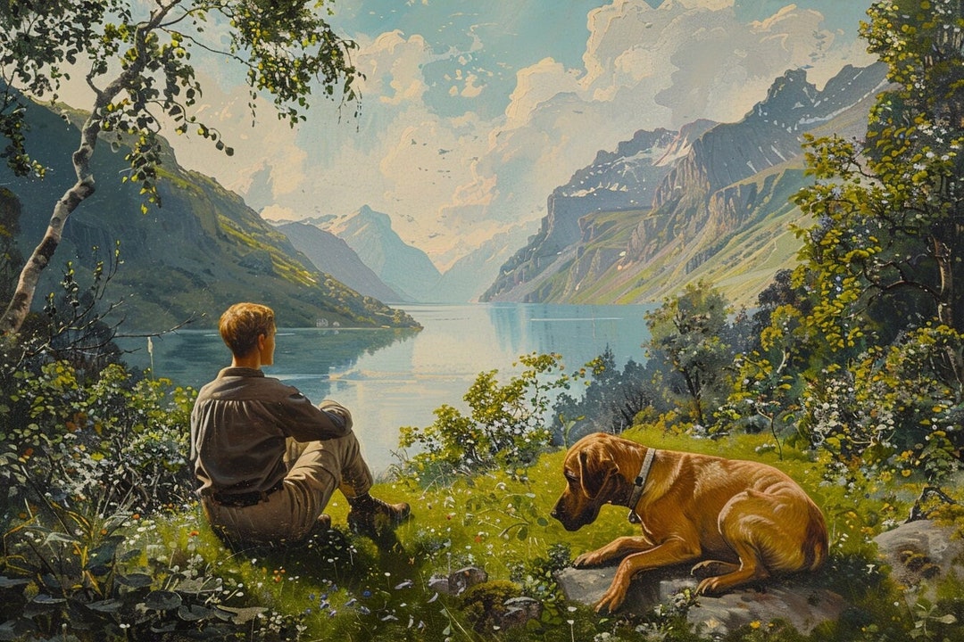 Landscape Wall Art Nature Art Man and Dog Digital Art Print Digital ...