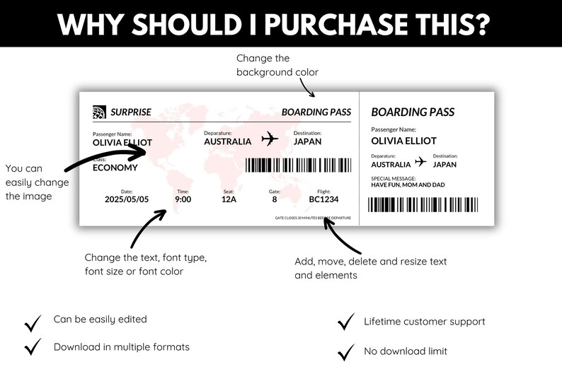 Editable Boarding Pass Template, Printable Boarding Ticket, Surprise ...