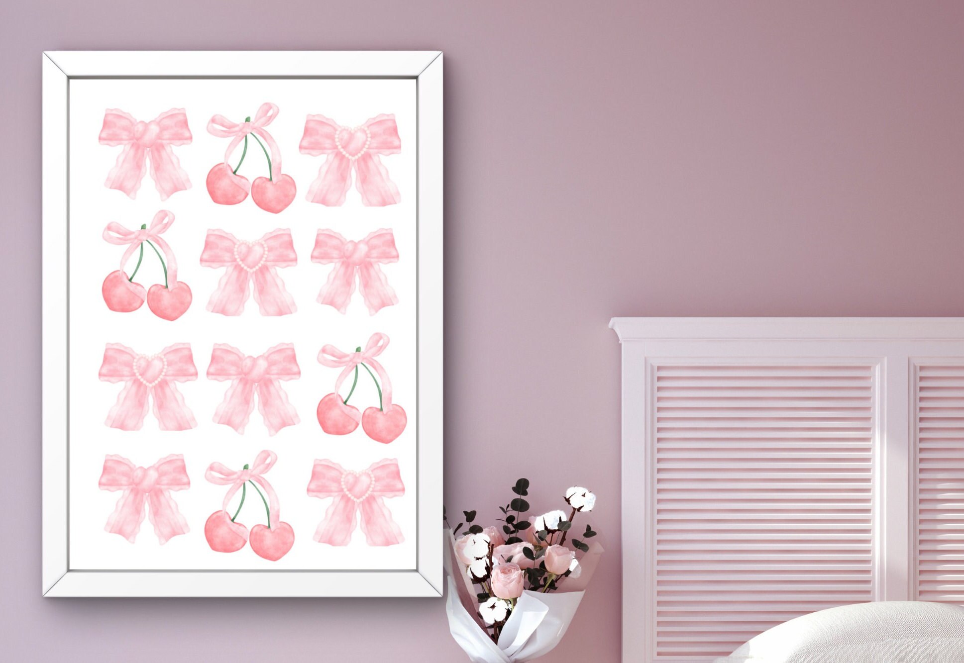 Coquette Room Decor Trendy Pink Bows Wall Art Preppy Poster Watercolor ...