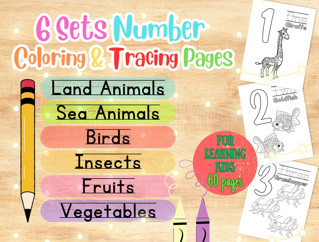 Children NUMBER Coloring NUMBER Tracing Page / Worksheet 6 Set Land-sea ...