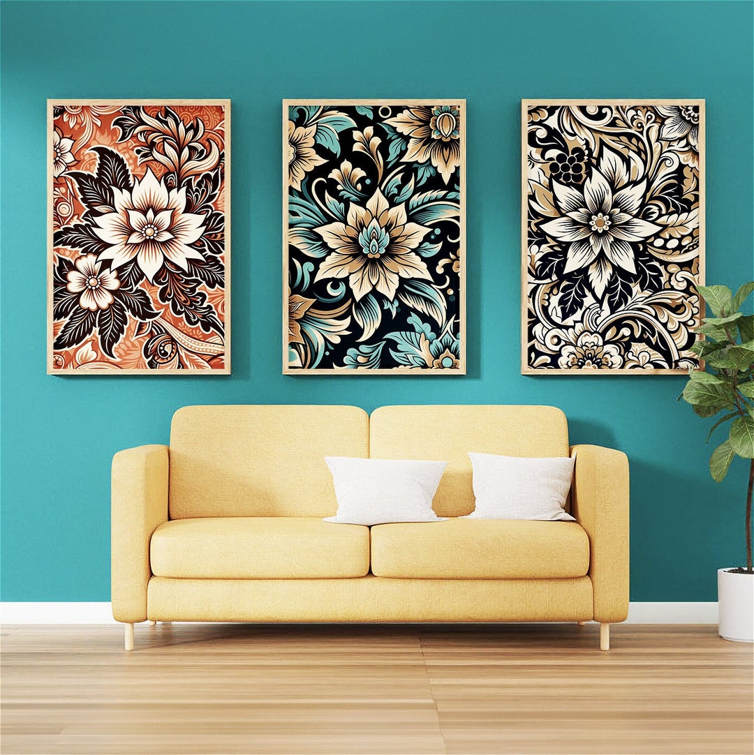 Batik Floral Wall Art, Set of 3 Poster and Canvas, Floral Prints ...