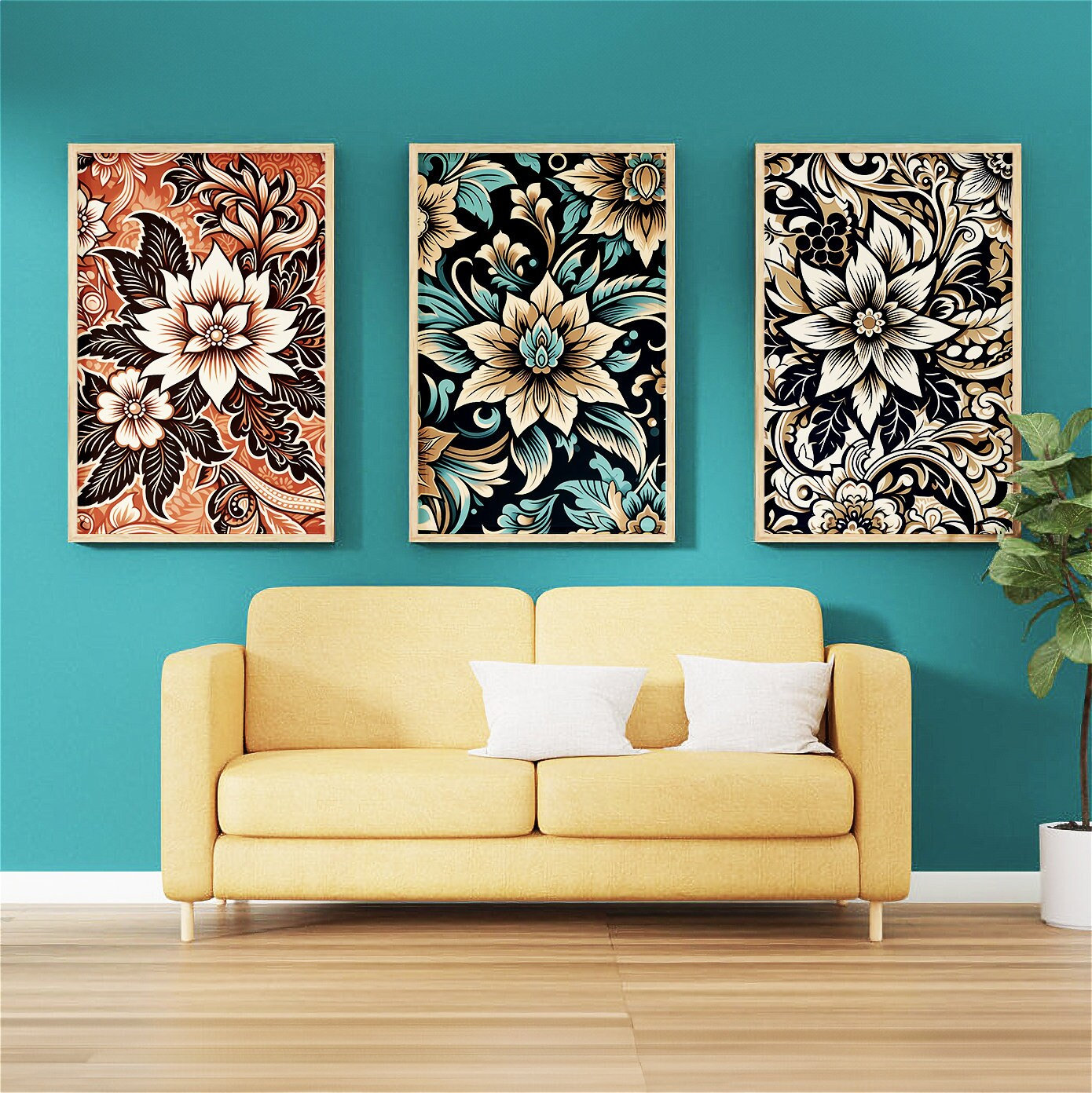 Batik Floral Wall Art, Set of 3 Poster and Canvas, Floral Prints ...