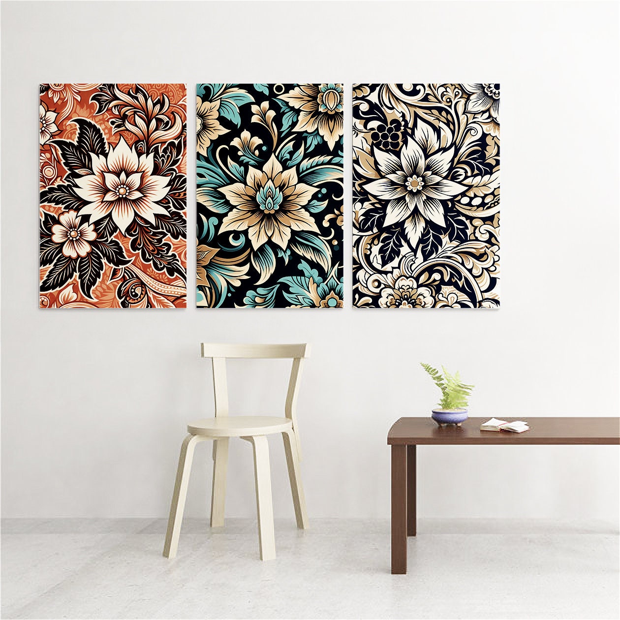 Batik Floral Wall Art, Set of 3 Poster and Canvas, Floral Prints ...