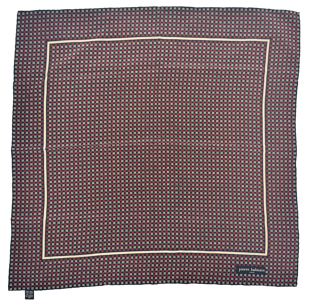 Piere Balmain Paris - Vintage Silk Scarf. Black With Red and Tan Design ...