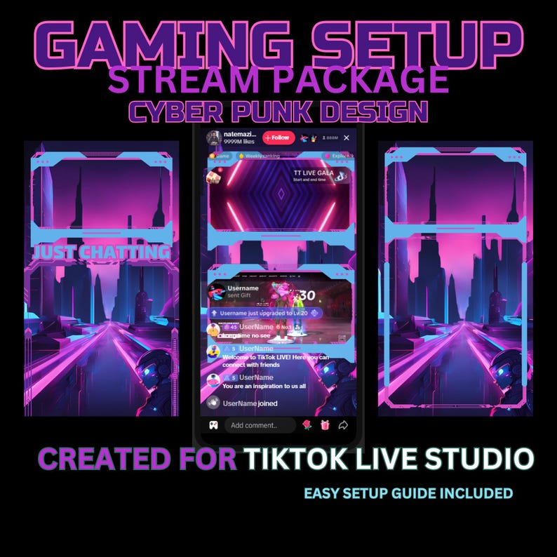 Neon City Cyberpunk Tiktok LIVE Overlay Kit: Animated Futuristic Stream ...