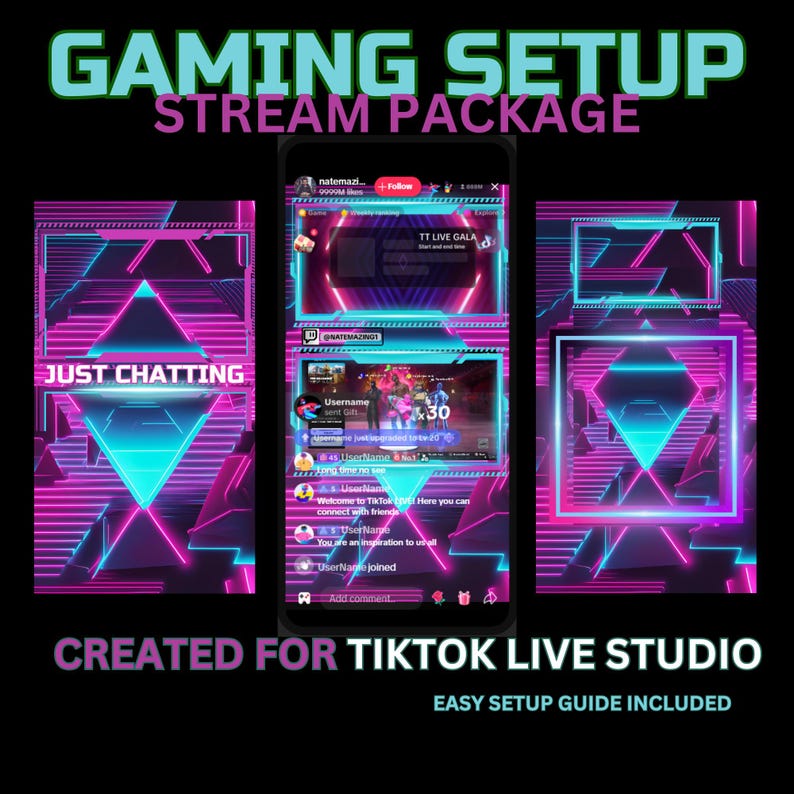 Retro Pink + Cyan Animated Tiktok Live Overlay Kit: Neon Synthwave ...