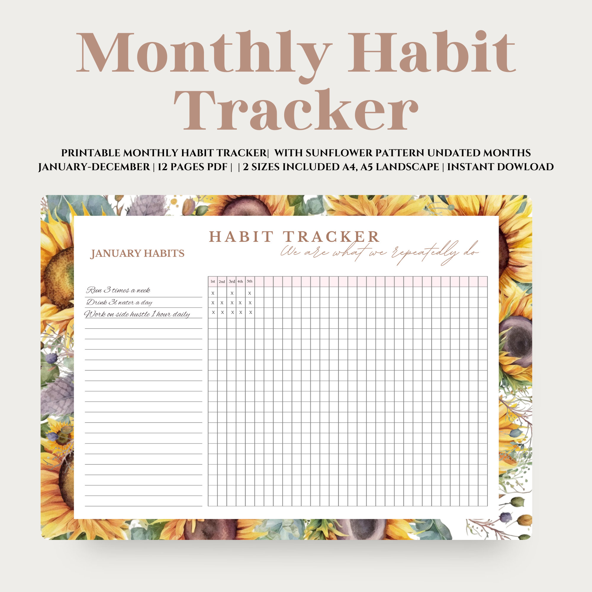 Monthly Habit Tracker Printable Landscape With Sunflower Pattern Habit ...
