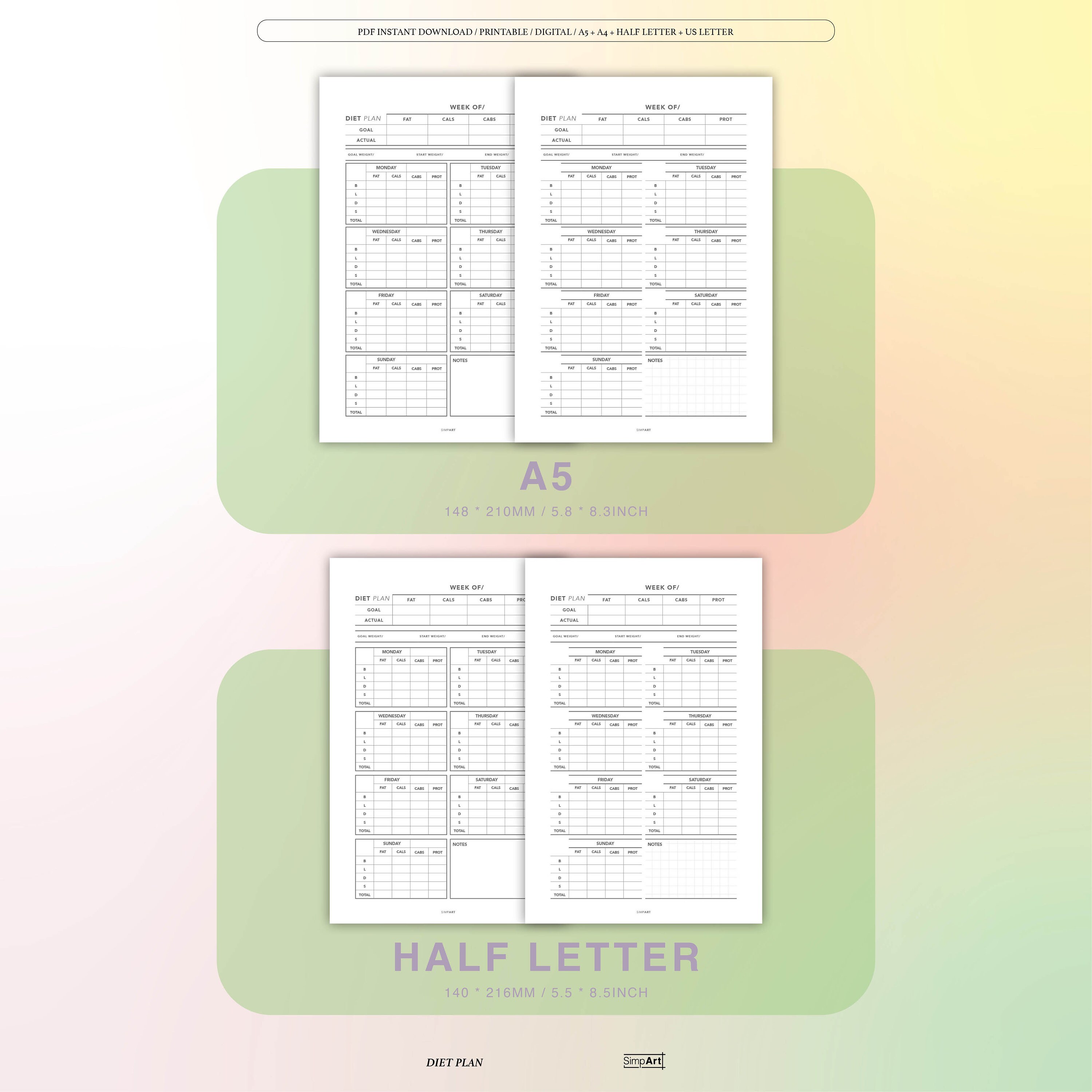 Editable Diet Plan Template PDF Downloadable Planner Fillable PDF in A4 ...