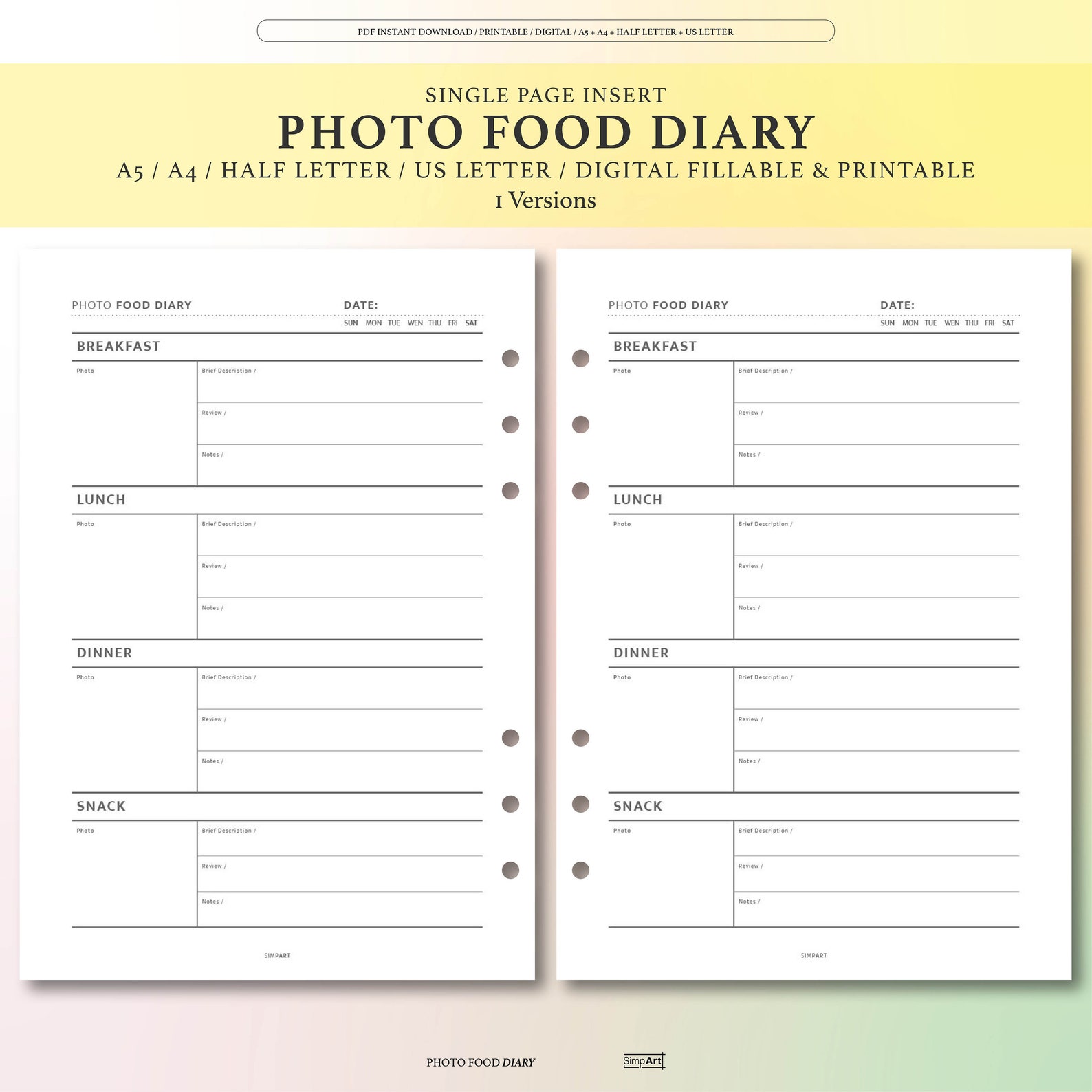 Printable Food Diary Photo Diary Planner PDF Food Tracker A4 Fillable ...