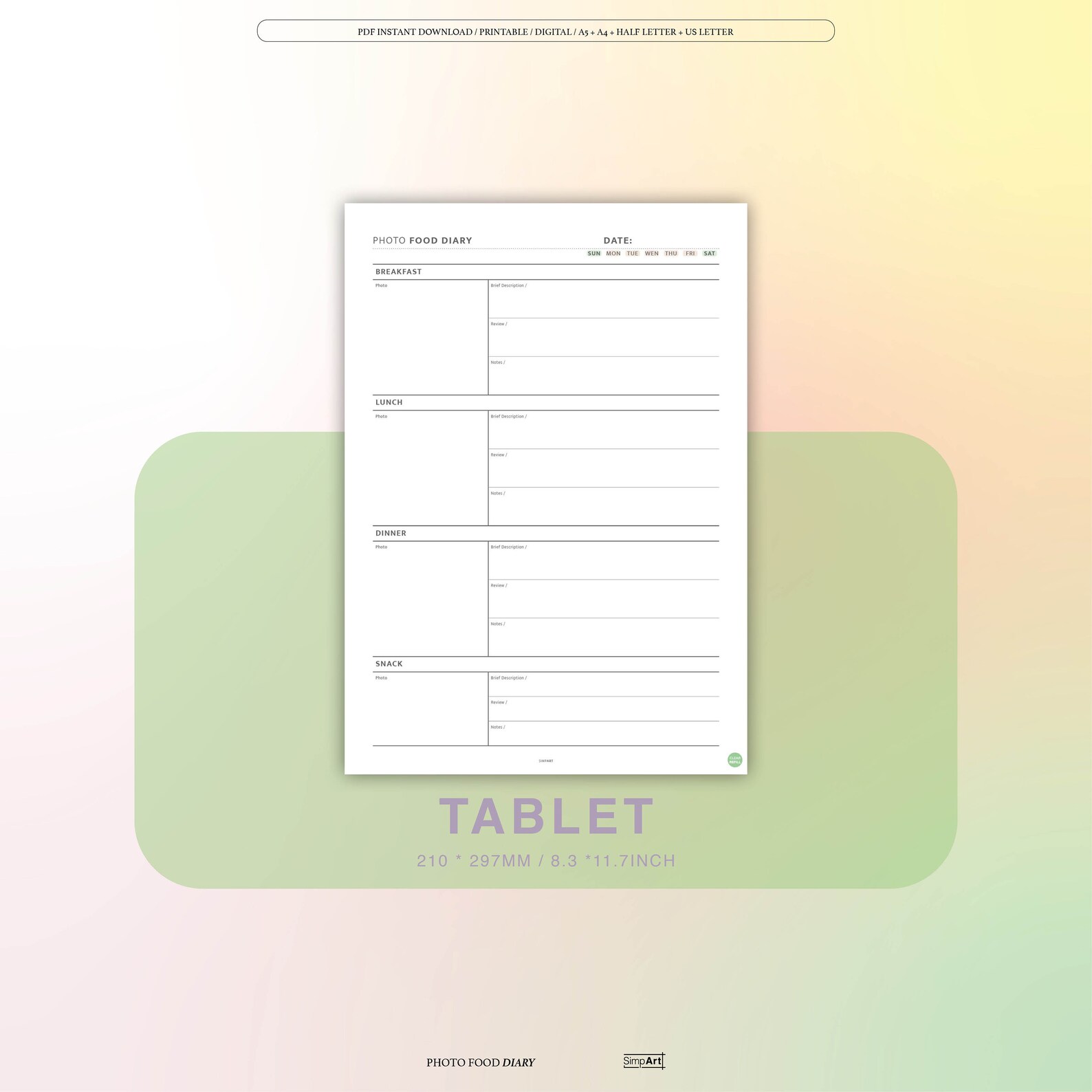 Printable Food Diary Photo Diary Planner PDF Food Tracker A4 Fillable ...
