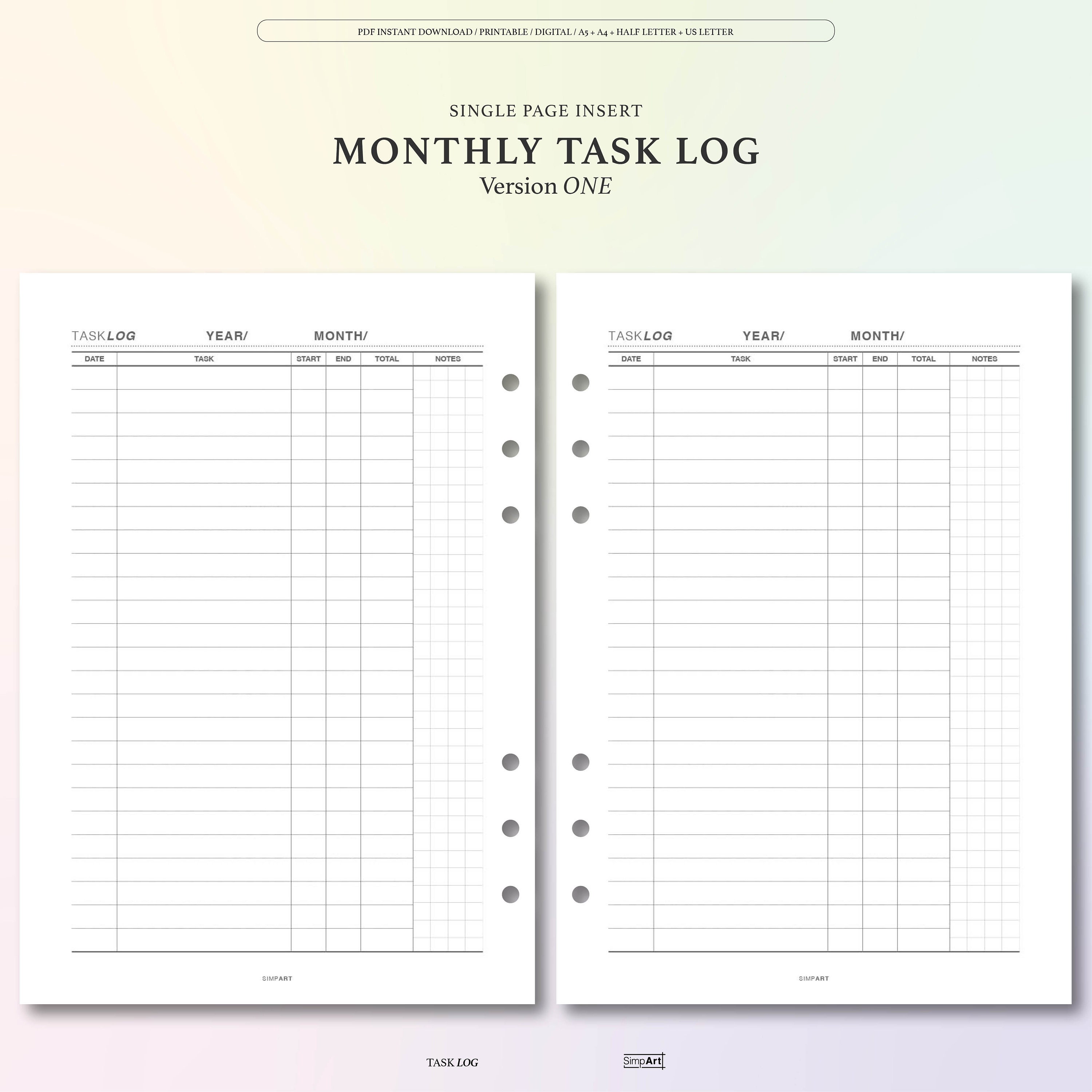 Task Log Planner Template Printable A4, A5, Half, US, Digital A4 ...