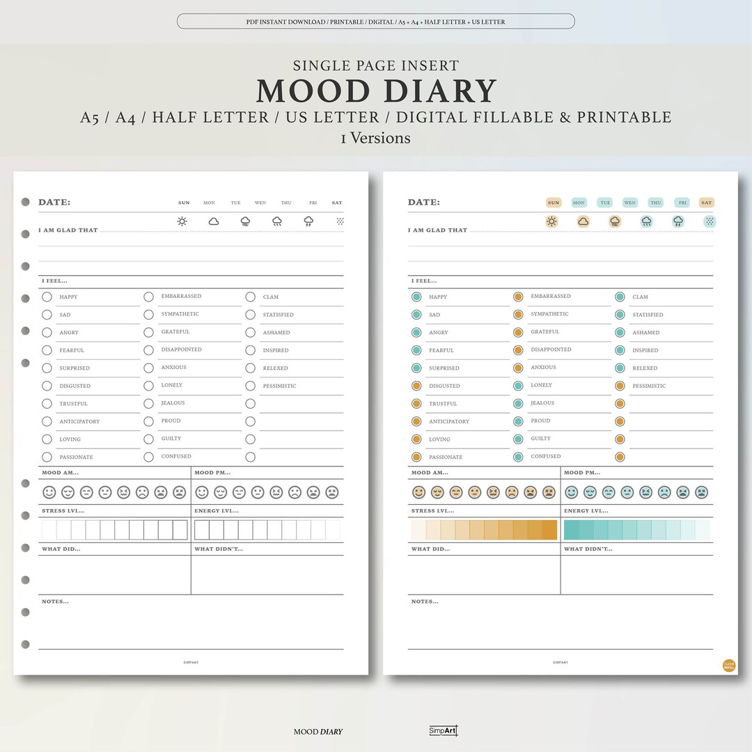 Daily Mood Diary Planner Template, Printable A4 PDF, Clear Feature ...