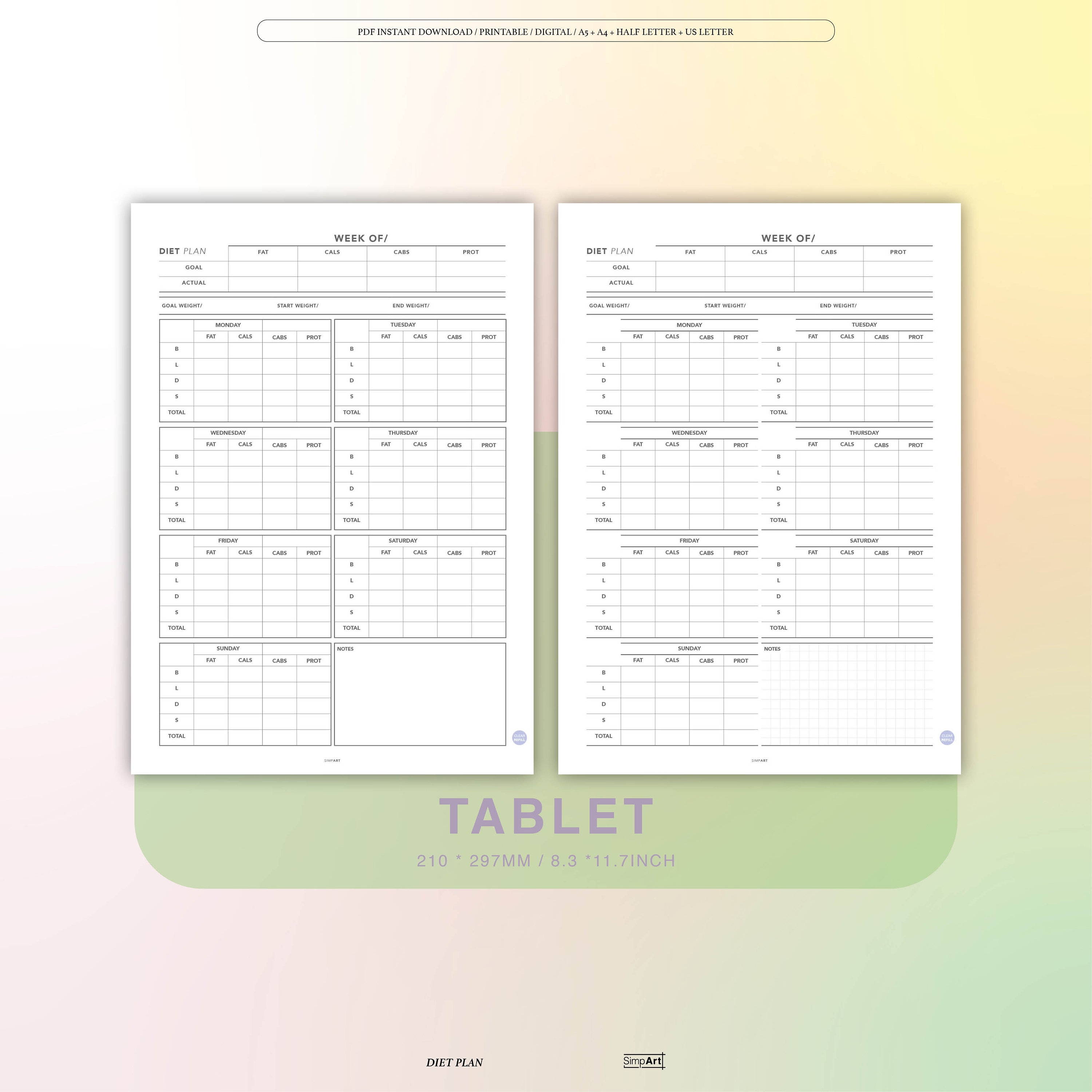 Editable Diet Plan Template PDF Downloadable Planner Fillable PDF in A4 ...