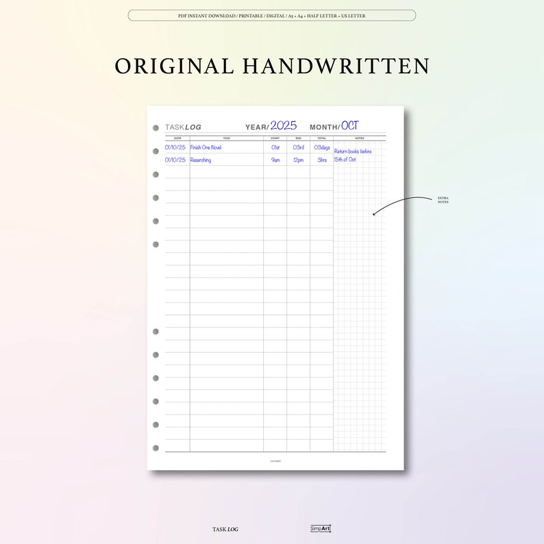 Task Log Planner Template Printable A4, A5, Half, US, Digital A4 ...
