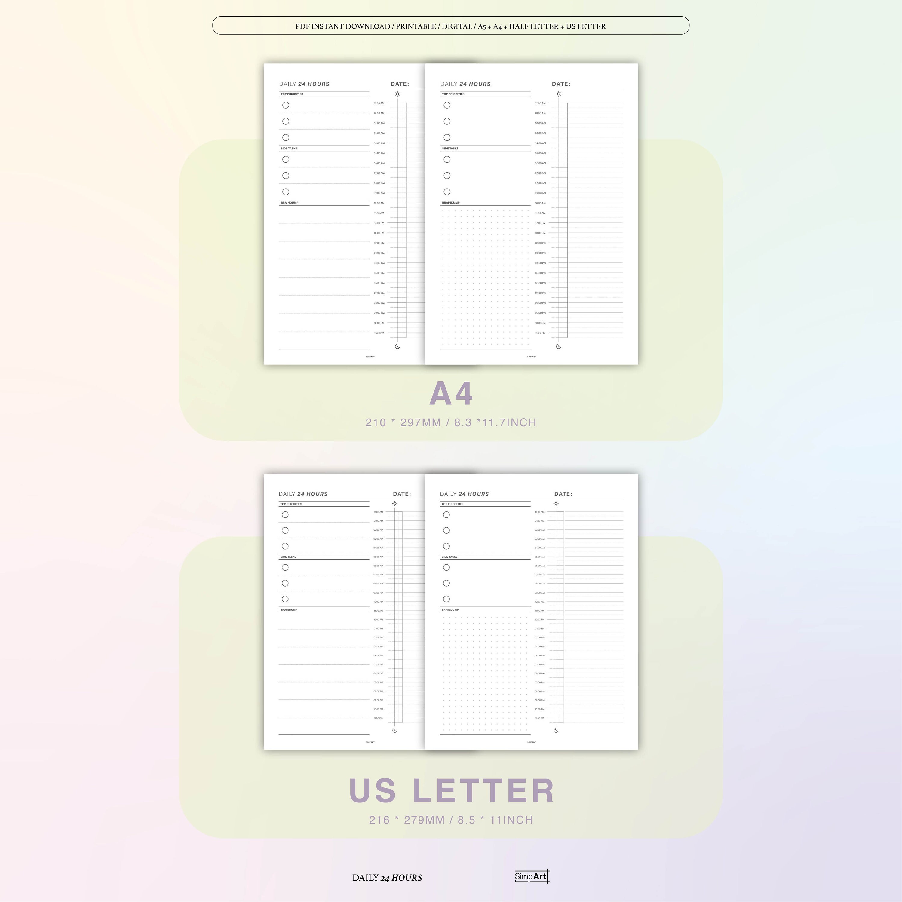 24 Hours Printable Task Planner Template, Digital 15-min Interval Grid ...