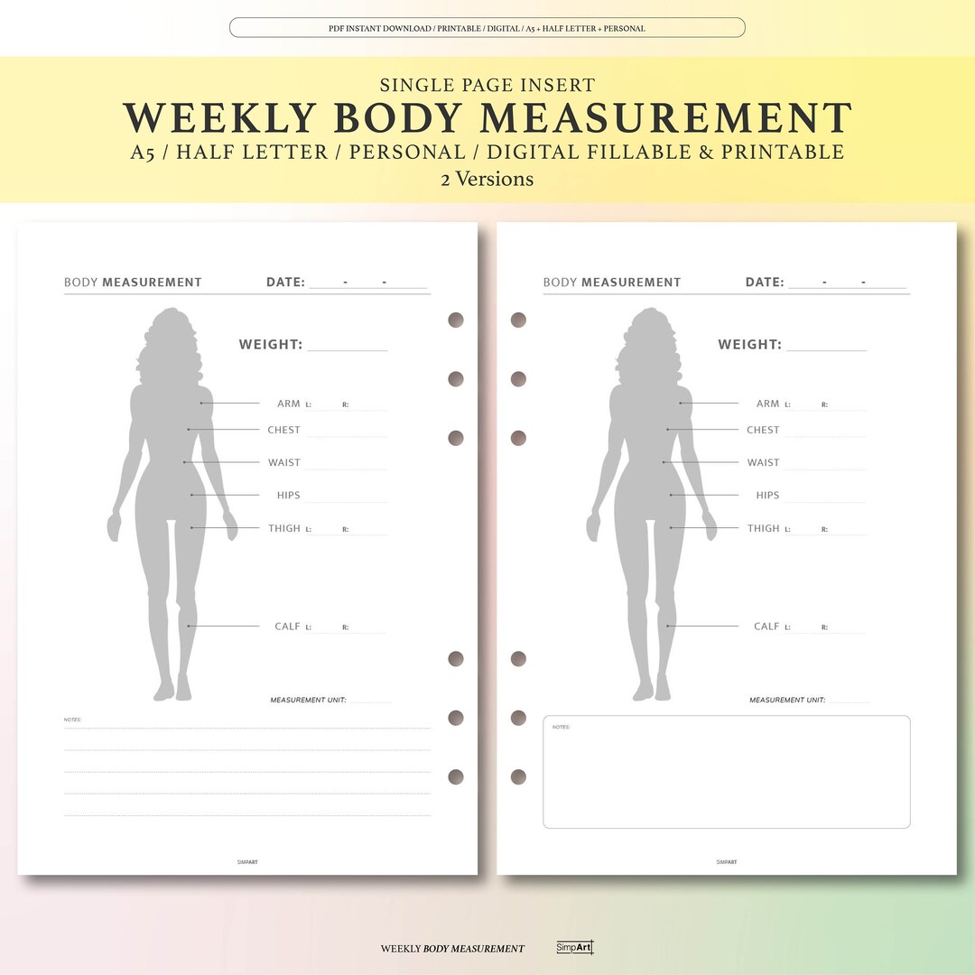 Weekly Body Measurement Planner - Printable A5, Half, Personal, Digital ...