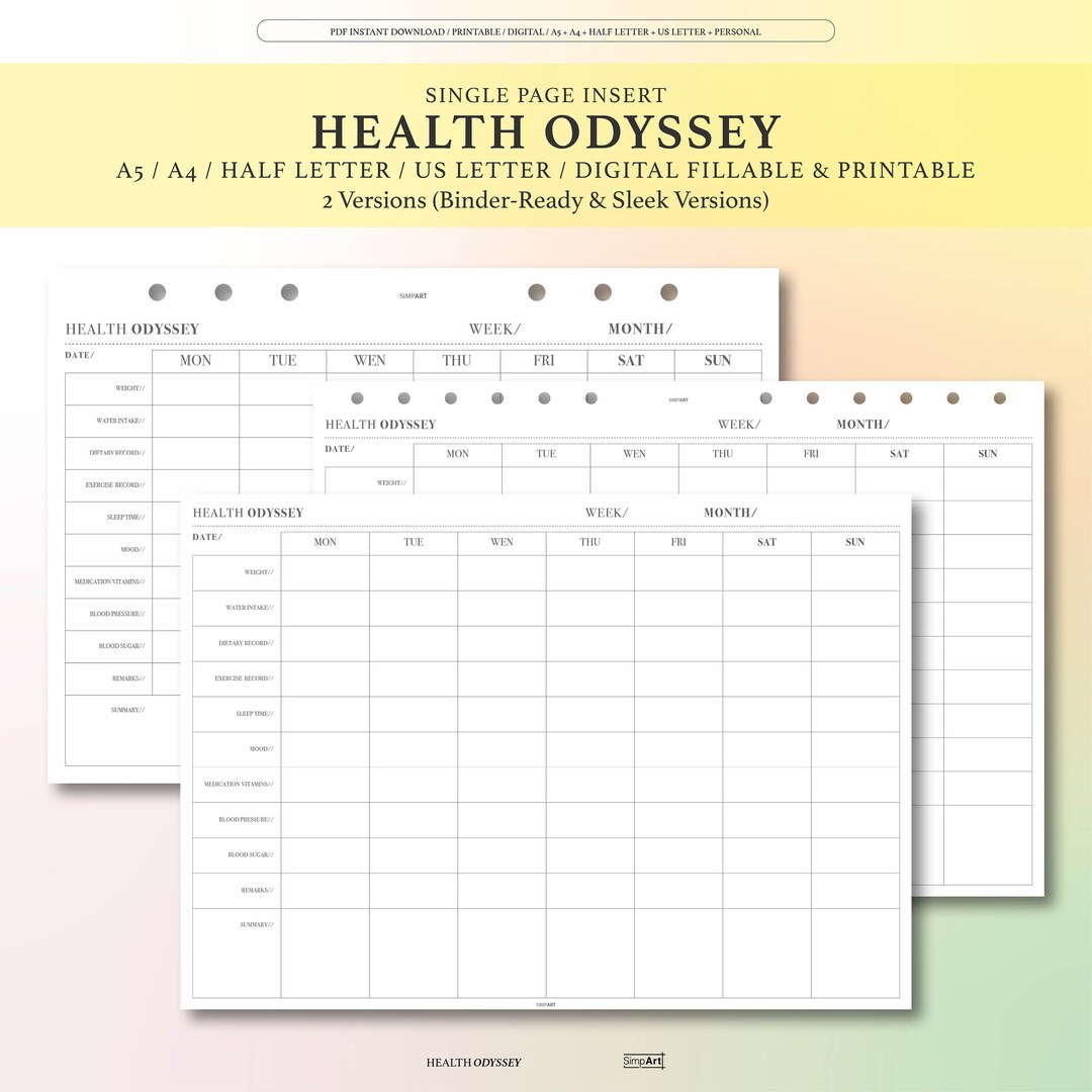 Weekly Health Log Template | Planner Tracker | A5, A4, Half Letter, US ...