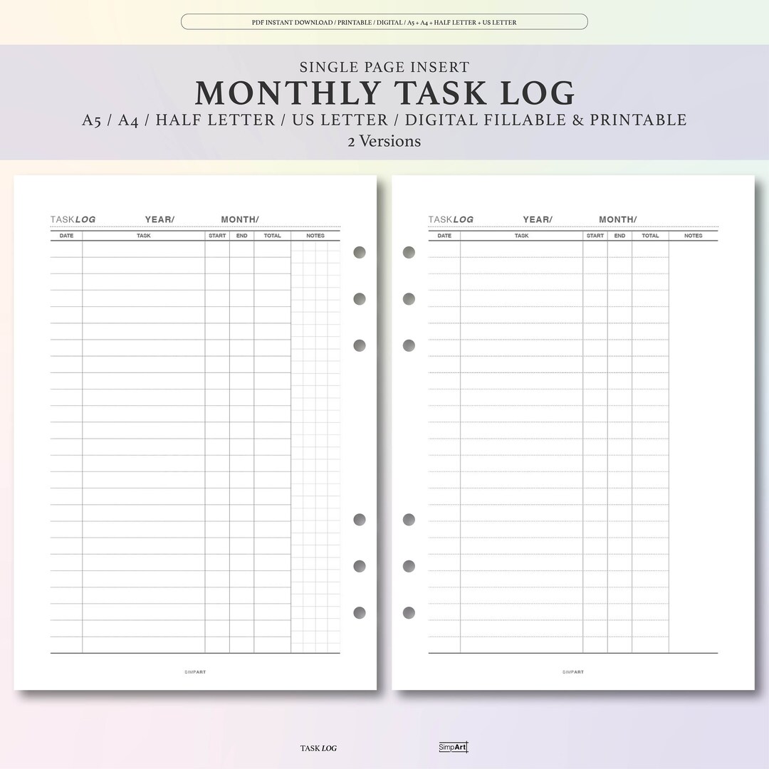 Task Log Planner Template Printable A4, A5, Half, US, Digital A4 ...