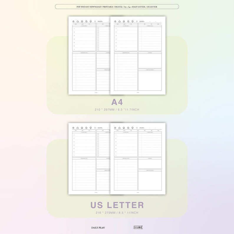 Daily Plan Template Bundle Printable A4, A5, Half, US & Digital A4 ...