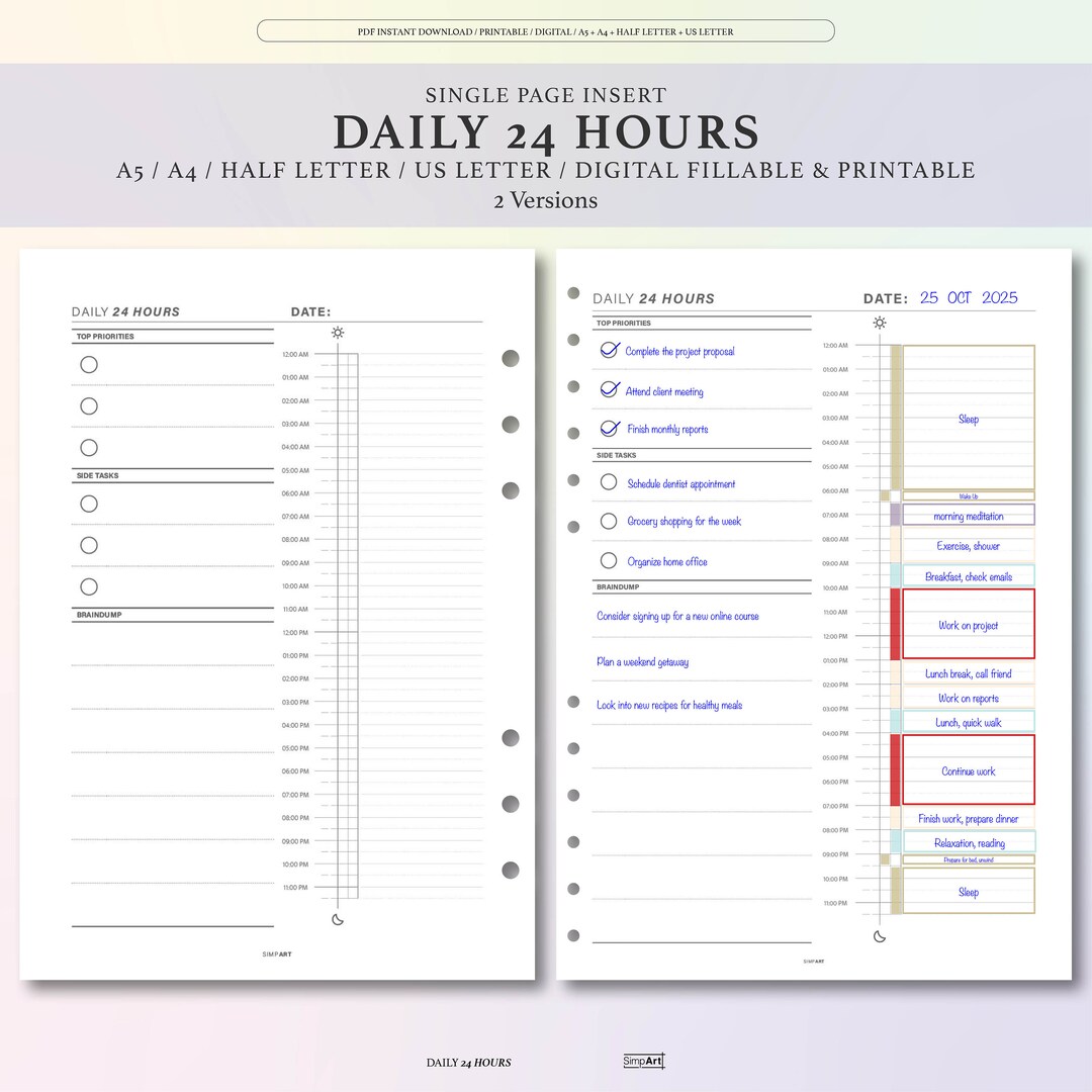 24 Hours Printable Task Planner Template, Digital 15-min Interval Grid ...