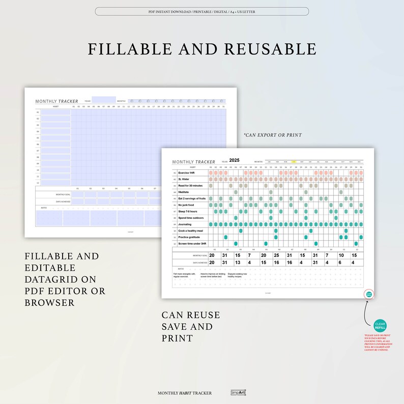 Monthly Habit Tracker Planner - Printable A4 & US Letter, Digital A4 ...