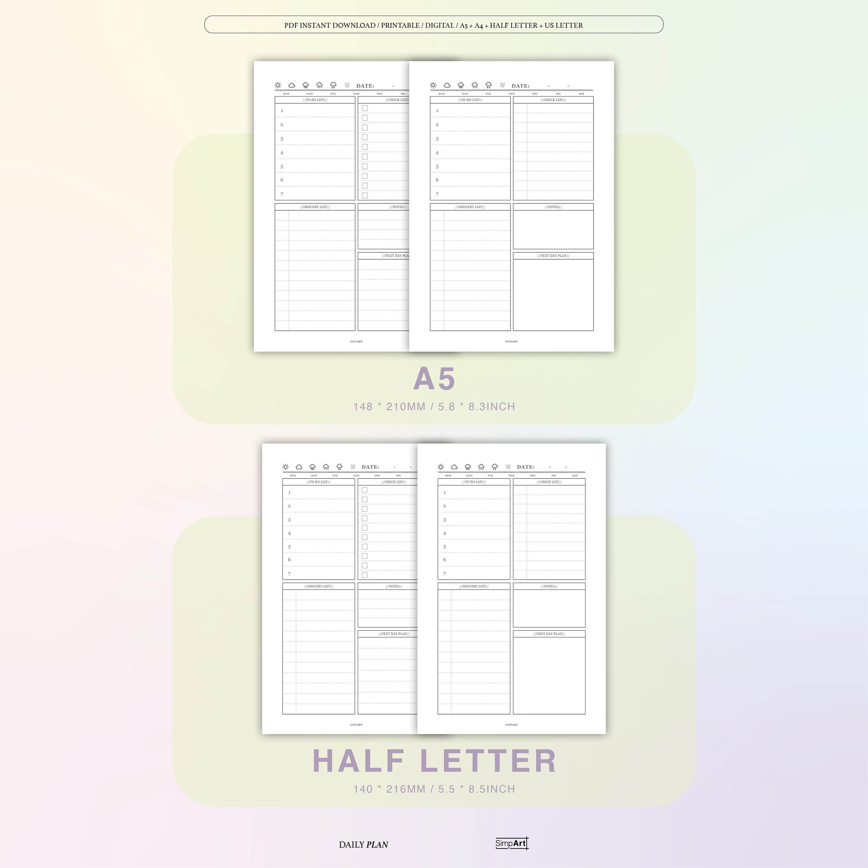 Daily Plan Template Bundle Printable A4, A5, Half, US & Digital A4 ...