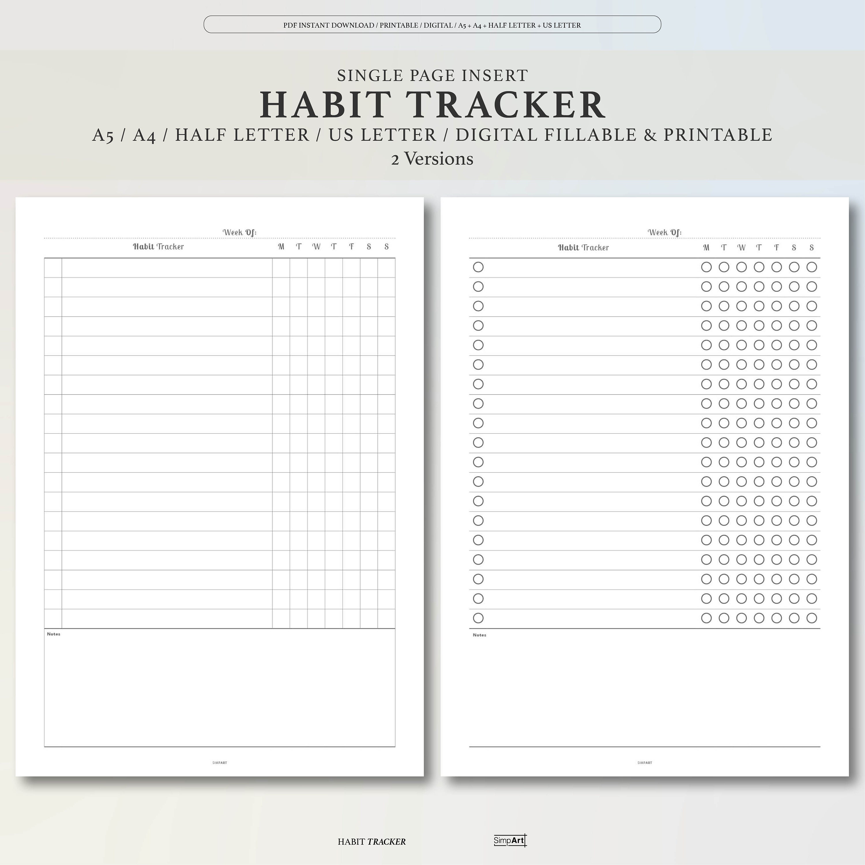 Printable Habit Tracker Template Includes A5, A4, US Letter, Half-size ...