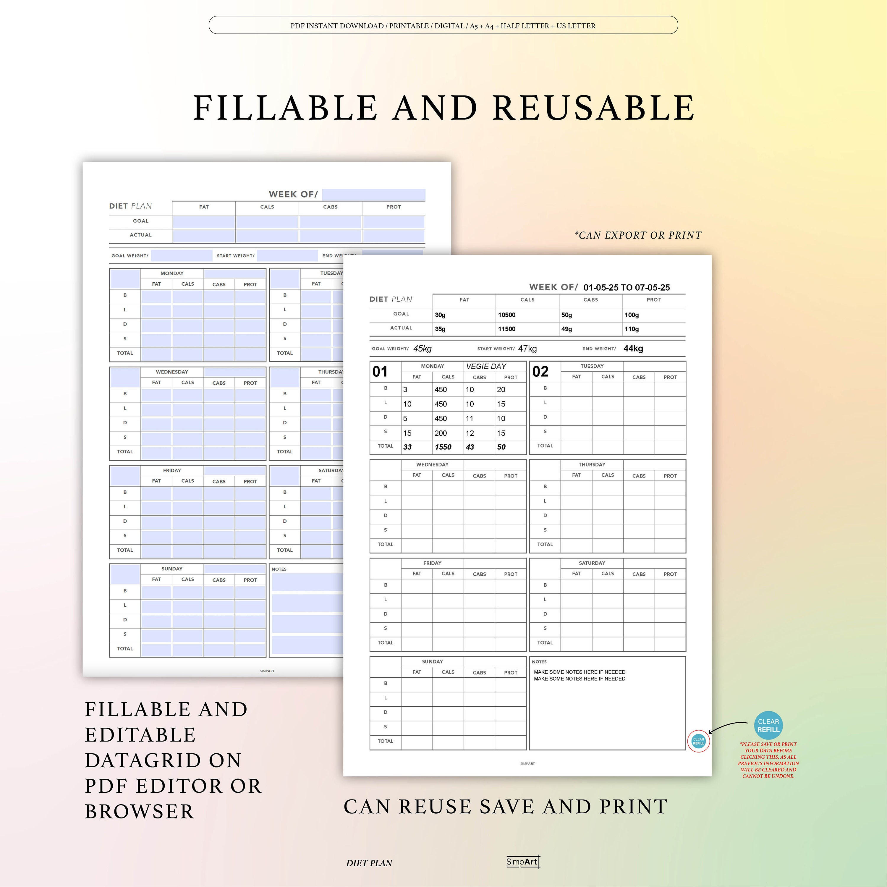 Editable Diet Plan Template PDF Downloadable Planner Fillable PDF in A4 ...