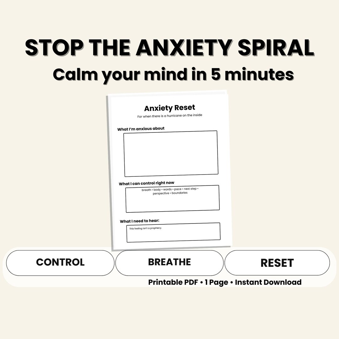 Anxiety Reset Printable Worksheet, Calm Your Mind in 5 Minutes, Mental ...