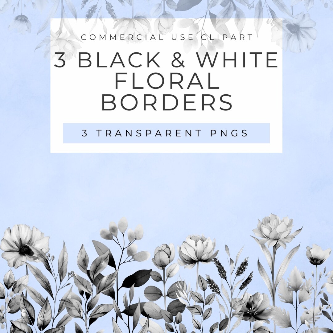 3 Black and White Floral Clip Art Borders, Flower Border Clipart ...