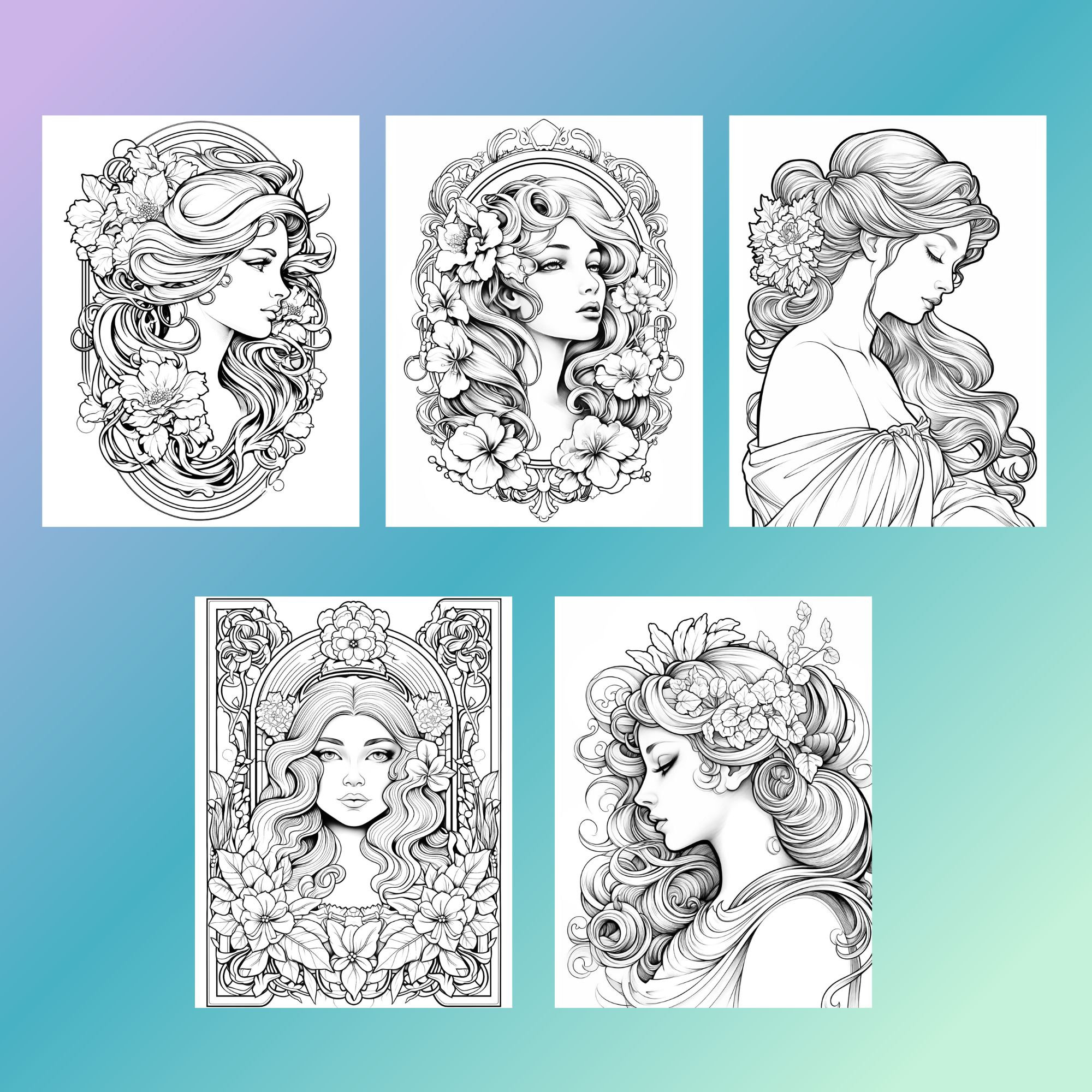 Art Nouveau Women Coloring Pages, 15 PDF Files for Digital Colouring or ...
