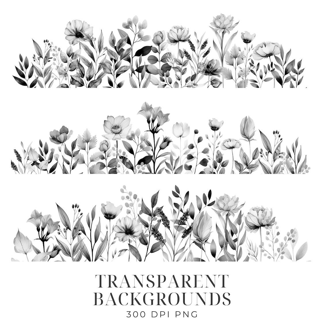 3 Black and White Floral Clip Art Borders, Flower Border Clipart ...