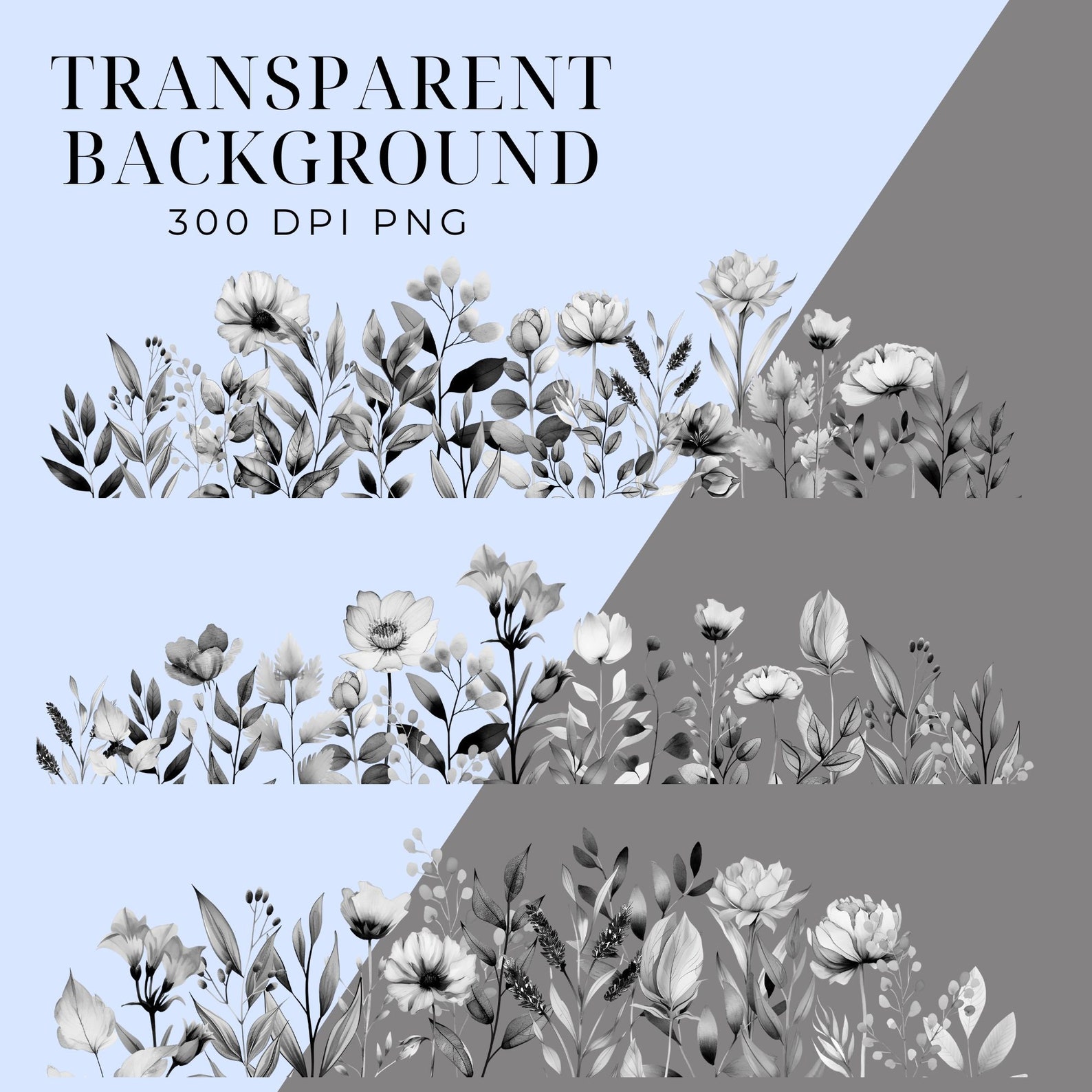 3 Black and White Floral Clip Art Borders, Flower Border Clipart ...