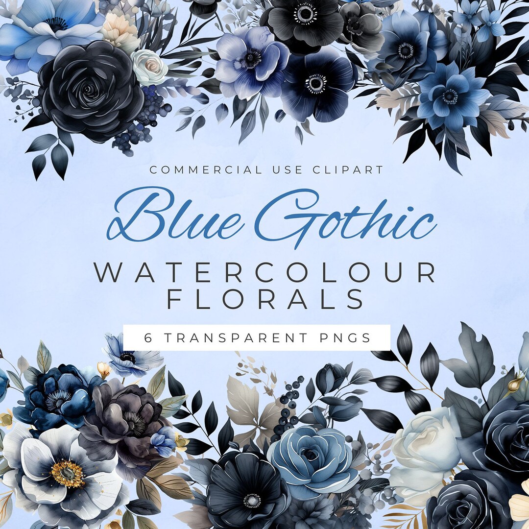 Gothic Floral Watercolor Clipart Pack, Transparent PNG Elements, Blue ...